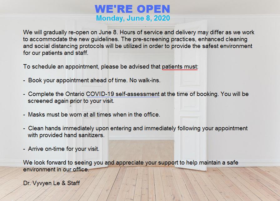 Re-Open Monday, June 8, 2020 | Dr. Vyvyen Le - Toronto Chiropractor